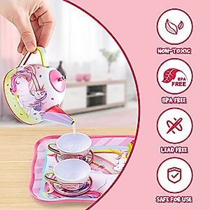 JOYIN Unicorn Tea Set for Toddlers Tea Party Set for Children Kids Pretend Role Play Tin Teapot Set with Cups, Plates and Carrying Case Kitchen Toy for Little Girls Birthday Gifts Age 3 4 5 6