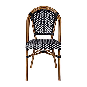 EMMA + OLIVER Soie Bistro Chair - Black & White Woven PE Seat and Back - Bamboo Finish Aluminum Frame - for Indoor/Outdoor Use - Set of Two