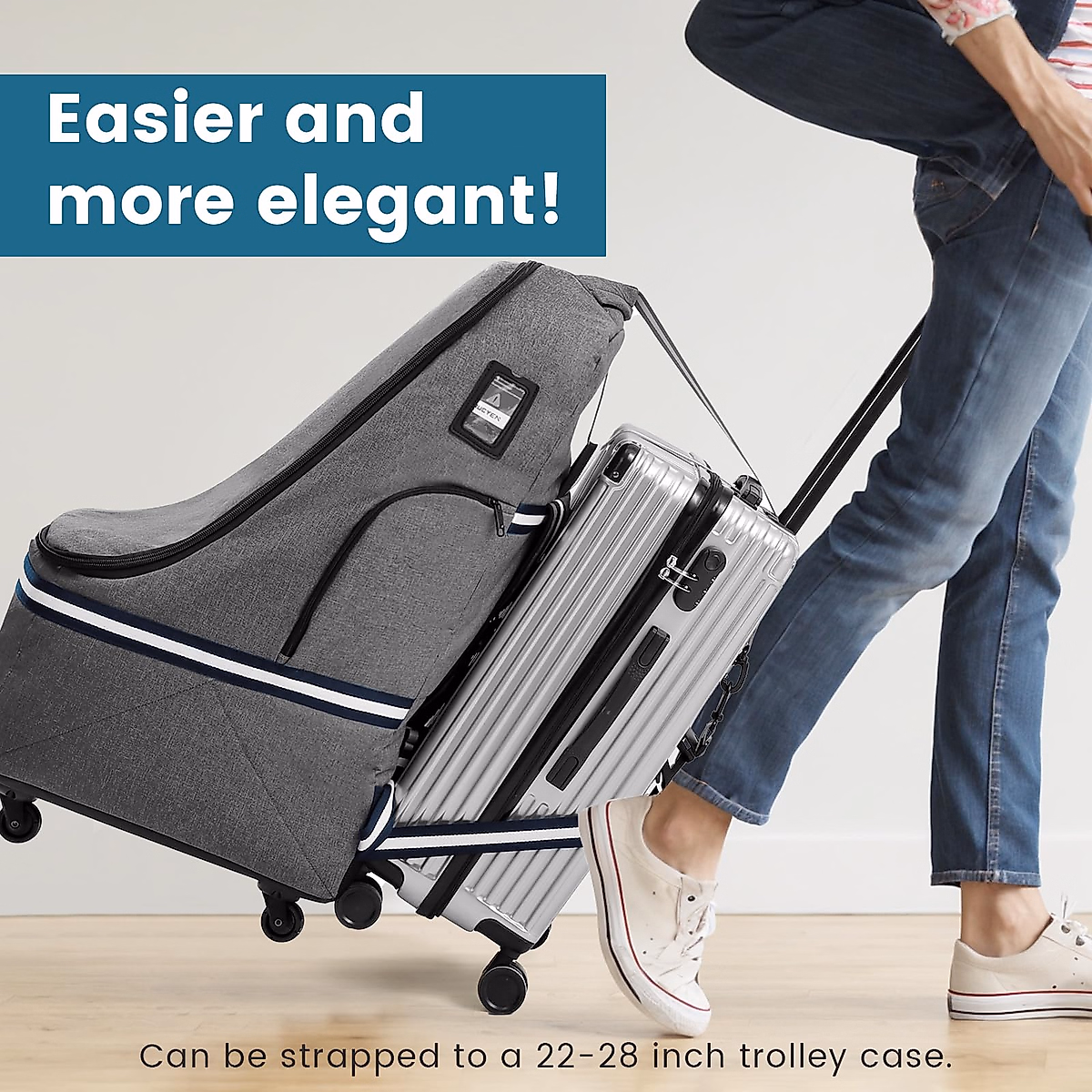 RUCYEN Rolling Car Seat Travel Bag, Padded Carseat Travel Backpack for Airplane,Large Durable Travel Bag with 4 Wheels,Adjustable Shoulder Strap and Waterproof Base Dark Grey