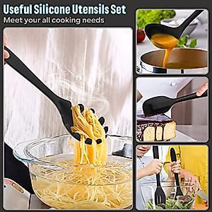 Silicone Cooking Utensils Set, E-far 7-Piece Black Heat Resistant Kitchen Utensils Set, Kitchen Nonstick Tools Spatula Ladle Spoon Pasta Server for Non-stick Cookware, Non-Toxic & Dishwasher safe