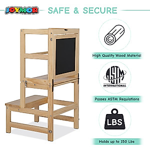 JOYMOR Kids Kitchen Standing Tower with Safety Rail, Chalkboard, Children Learning Step Tower for Kitchen Counter, Mothers' Helper (Natural)