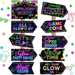 20 Pcs Glow in The Dark Party Decoration Signs Glow Neon Signs Decor Glow Party Supplies Neon Happy Birthday Party Decorations Let's Glow Crazy Welcome Signs for Neon Theme Party Decoration Supplies