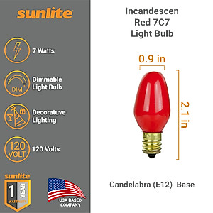 Sunlite 7C7 Incandescent Bulb, 7 Watt, Candelabra E12 Base, C7 Small Night Light, Colored Bulb, Red, 8 Count