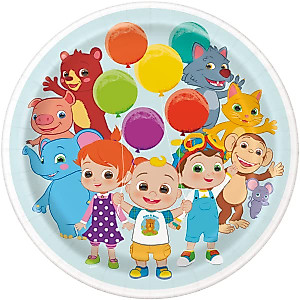 Cocomelon Birthday Party Supplies Bundle Pack includes 16 Dessert Plates, 16 Lunch Plates, 16 Napkins, 1 Table Cover, 1 Happy Birthday Banner, 1 Dinosaur Sticker Sheet (Bundle for 16)