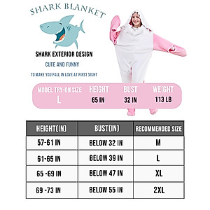 Shark Blanket for Adult Kids - Wearable Shark Blanket Hoodie,Cartoon Animals One-piece Blanket,Cute Funny Blue Shark Flannel Hoodie for Boys Girls Interesting Blanket Gifts(New Pink)-M