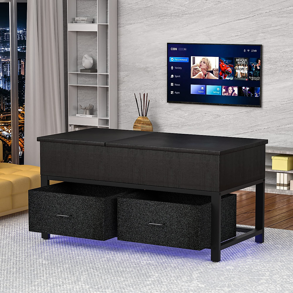 Hasipu Lift Top Coffee Table with Storage for Living Room LED Furniture 39.4",Modern Square Center Tables with USB Charging Port, Black