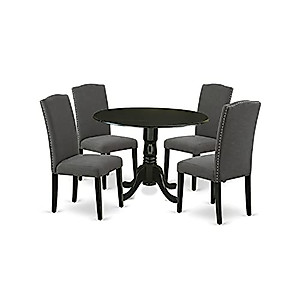 East West Furniture DLEN5-BLK-20 5Pc Round 42" Kitchen Table With Two 9-Inch Drop Leaves And Four Parson Chair With Black Leg And Linen Fabric Dark Gotham Grey, 5