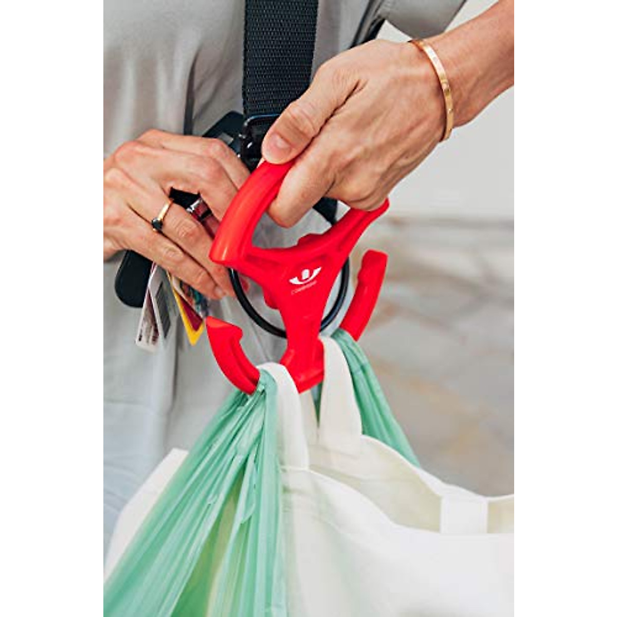 Combigrip Red Grocery Bag Handle Shopping Bag Carrier holds up to 300lbs Hands Free Concept Including Shoulder Strap For Safe Carrying with Dual Hooks and Comfortable Grip