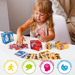 Atoylink 6 in 1 Educational Toys for 2 3 4 5 Year Old Kids Toddlers Wooden Cube Puzzles Occupations Pretend Play Matching Blocks Preschool Montessori Toys for Boys Girls Gifts - 12pcs