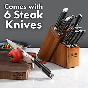 Cangshan L Series 12-Piece Knife Block Set with 6 Steak Knives, Forged German Steel, Acacia Block, Black, 1026061