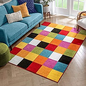 Well Woven StarBright Bright Square Modern Geometric Multi 5' x 7' Kids Area Rug, Multicolor