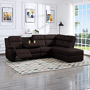 Modern Faux Leather Manual Reclining Sectional Sofa Couch with 2 Cup Holders and Sorage Chaise Lounge, L-Shaped Corner Skin Friendly PU Sofa & Couch for Home Theater Office Living Room Furniture Sets