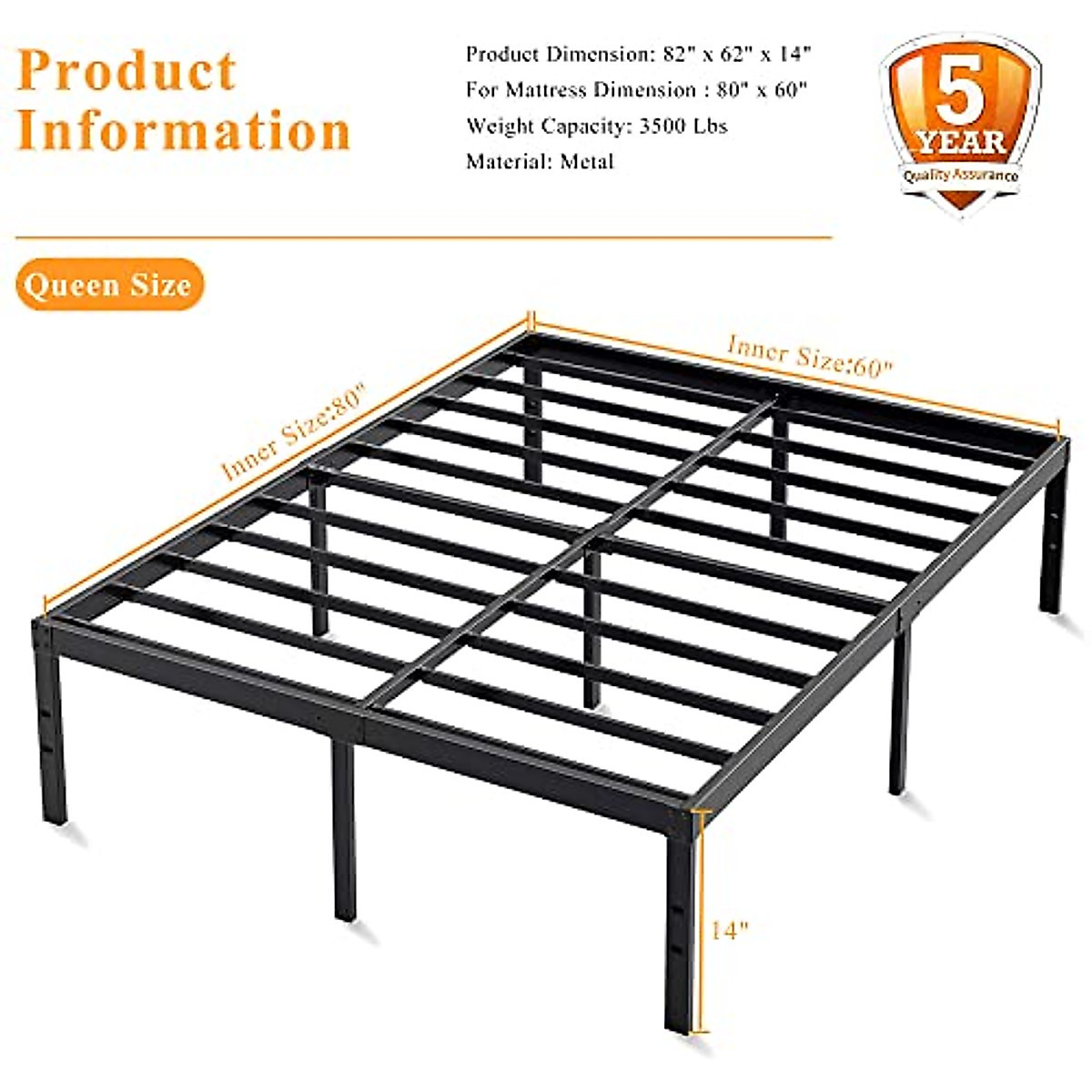 HISKIWUU Platform Bed Frame Queen Size Heavy Duty 3500lbs 14 Inches,Metal Bed Frame Queen Size Easy Assembly Anti-Slip Noise Free,Queen Size Bed Frame No Box Spring Needed,Under Bed Storage,Black