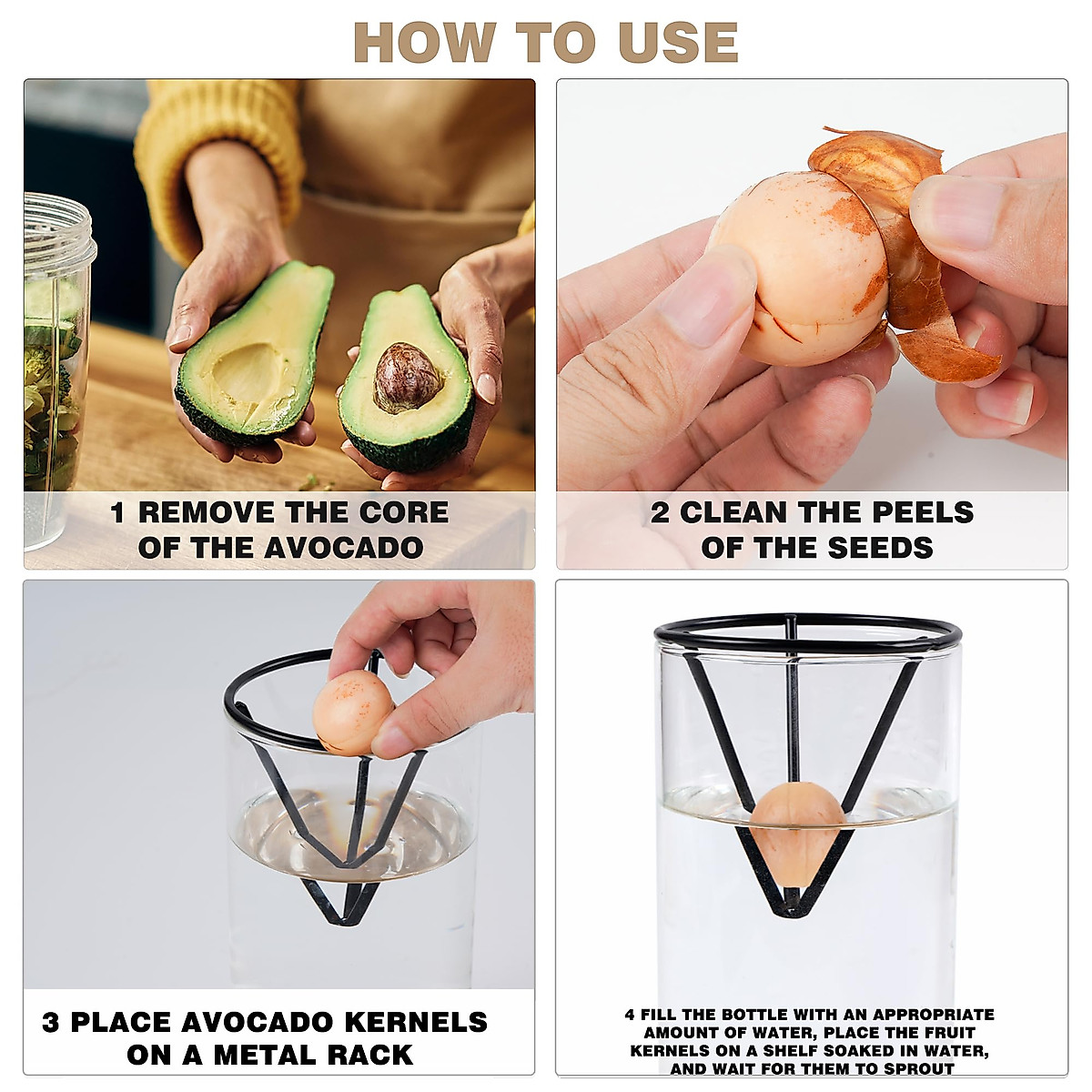 Bylion Avocado Tree Growing Kits, Avocado Growing Vase Wooden Base Avocado Seed Starter Vase Glass Plant Pot Easy Seed Sprout Starter Gift for Women Gardening Lovers Home Office Table Decoration