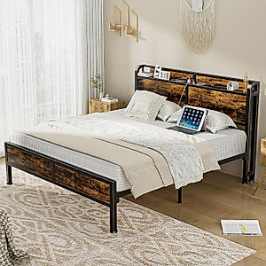 AnikSunny Queen Size Bed Frame - Metal Platform Bed Frame with Wood Storage Headboard Charging Station,Heavy Duty Bedframe, No Box Spring Needed,Solid and Easy Assembly,Rustic Brown