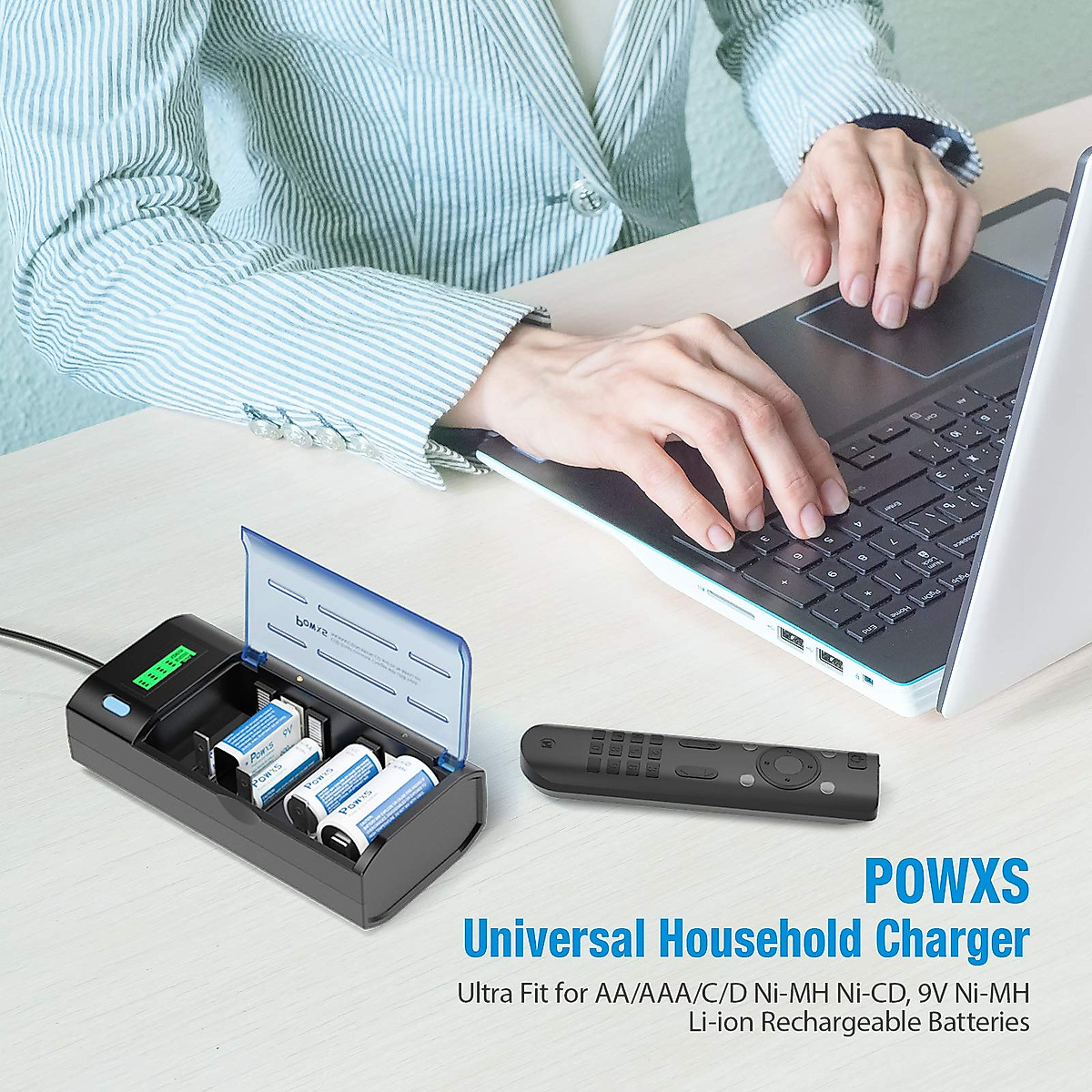 POWXS Smart AA AAA C D 9V Battery Charger, 1000mA Fast Charge, USB or Type-C Input, Independent Charge with Discharge Function(Includes a Free Charger Cable)