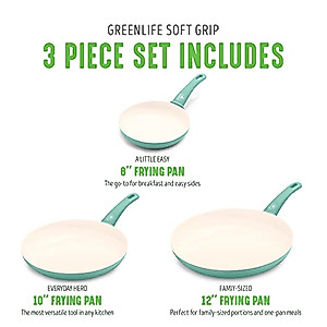 GreenLife Soft Grip Healthy Ceramic Nonstick, 8" 10" and 12" Frying Pan Skillet Set, PFAS-Free, Dishwasher Safe, Turquoise