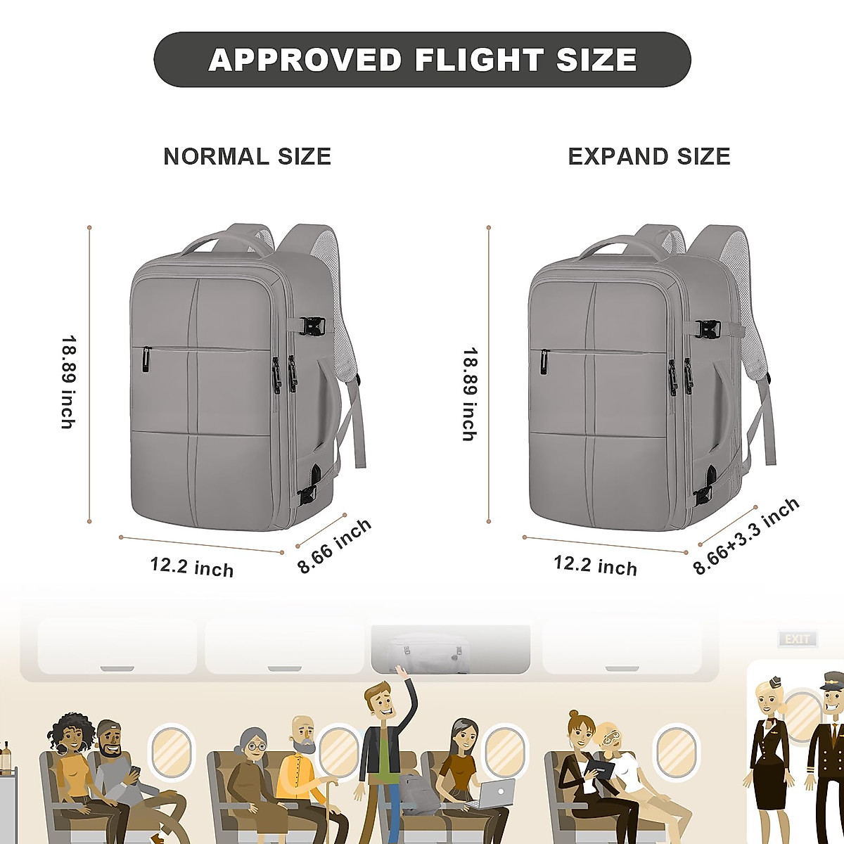 TOTWO Travel Backpack, Carry On Backpack, 40L Extra Large Backpack Flight Approved, Expandable Water Resistant Business Weekender Daypack Luggage Bag with USB Charger Port, Travel Gifts for Men, Grey