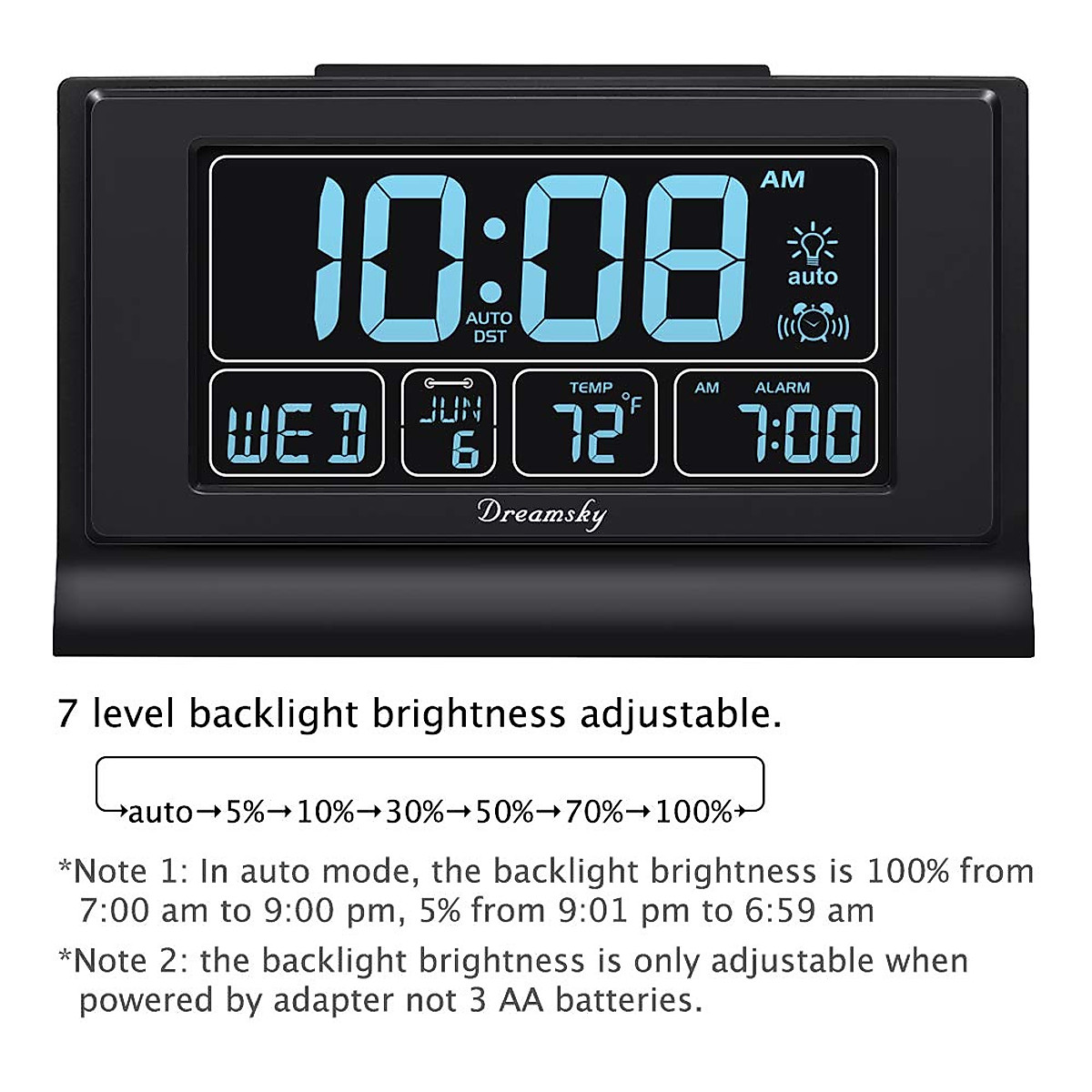 DreamSky Alarm Clocks for Bedrooms with Battery Backup, Auto Set Digital Clock with Date and Day of Week, Temperature, USB Port, Auto DST, Dimmer, 12/24H