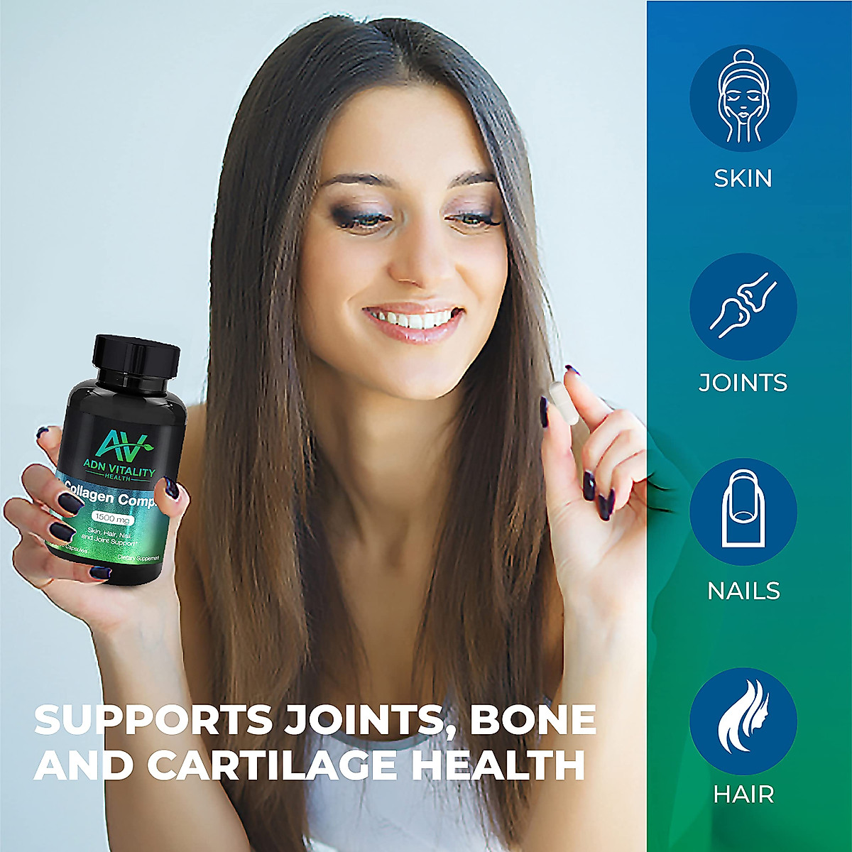 Adn Vitality Multi Collagen Complex (Type I, II, III, V, and X) - Collagen Peptides Pills to Support Joints, Skin, Hair, and Nails - 90 Capsules