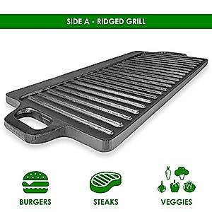 ProSource 2-in-1 Reversible 19.5” x 9” Cast Iron Griddle with Handles, Preseasoned & Non-Stick for Gas Stovetop, Oven, and Open Fire