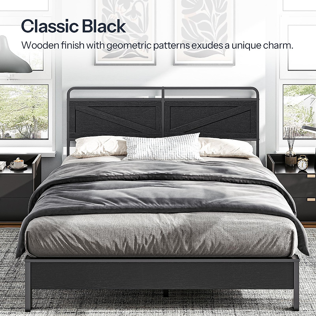 HOOBRO Wooden Panel Headboard, Queen Headboard, Minimalist Headboard with Metal Frame, Height Adjustable, Headboard with Bed Frame Adapter, Black