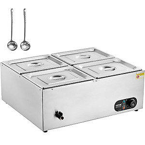 VEVOR 110V 4-Pan Commercial Food Warmer, 1200W Electric Steam Table 15cm/6inch Deep, Professional Stainless Steel Buffet Bain Marie 48 Quart for Catering and Restaurants