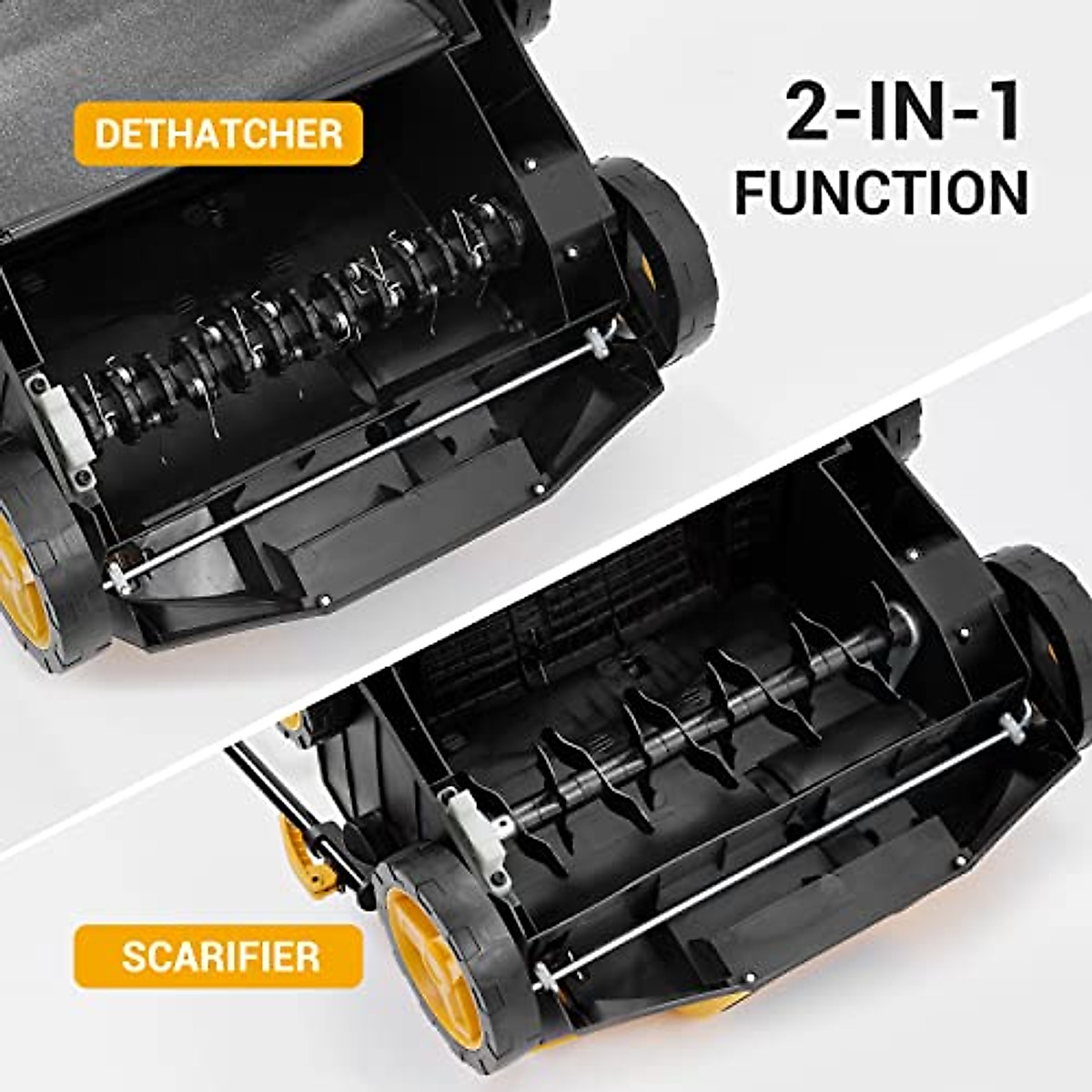 Rock&Rocker 2-in-1 16INCH Dethatcher Scarifier, 15 Amp Electric Lawn Dethatcher, 5 Working Depth Adjust, 48.4QT Removable Collection Bag, for Lawn Health, Yellow (REDM16A)