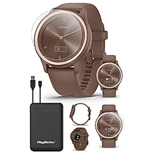 PlayBetter Garmin vivomove Sport (Cocoa/Peach Gold) Hybrid Smartwatch Power Bundle - Heart Rate Monitor Watch with Call Portable Charger & HD Screen Protectors - Women's Fitness Tracker