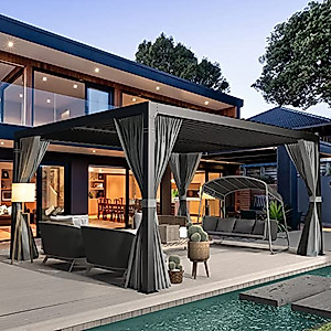 EROMMY 10' x 12' Outdoor Louvered Pergola, Patio Hardtop Gazebo, Sun Shade Shelter, Adjustable Metal Roof Hardtop Gazebo for Deck Patio Garden Yard, Curtains and Netting Included, Black