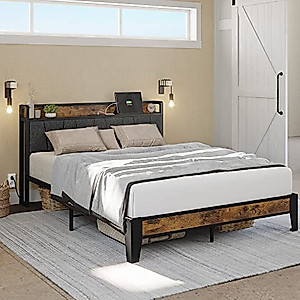 LIKIMIO Full Bed Frame, Storage Headboard with Charging Station, Solid and Stable, Noise Free, No Box Spring Needed, Easy Assembly