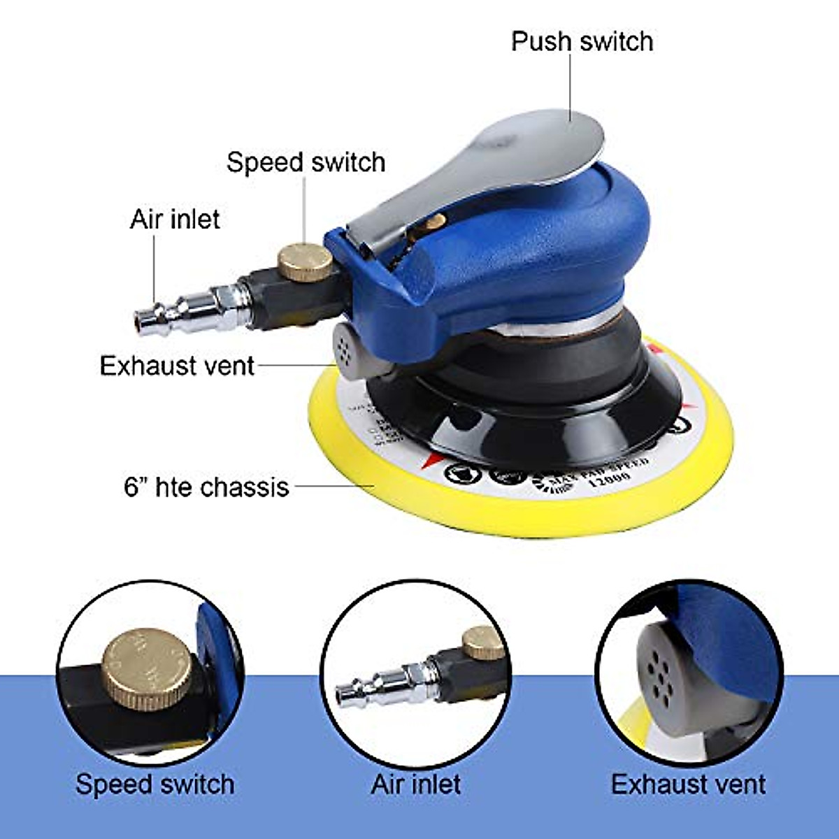 YELWAY 6" Air Palm Random Orbital Sander, Dual Action Pneumatic Polisher Speed Adjustable Grinding Sanding w/Pad