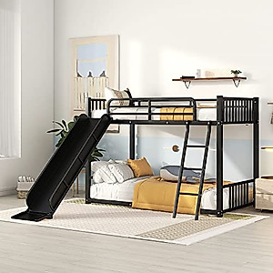 TARTOP Bunk Bed with Slide, Metal Twin Over Twin Bunk Bed with Slide and Ladder, Made of Heavy Duty Steel, for Kids Girls Boys Teens,Black