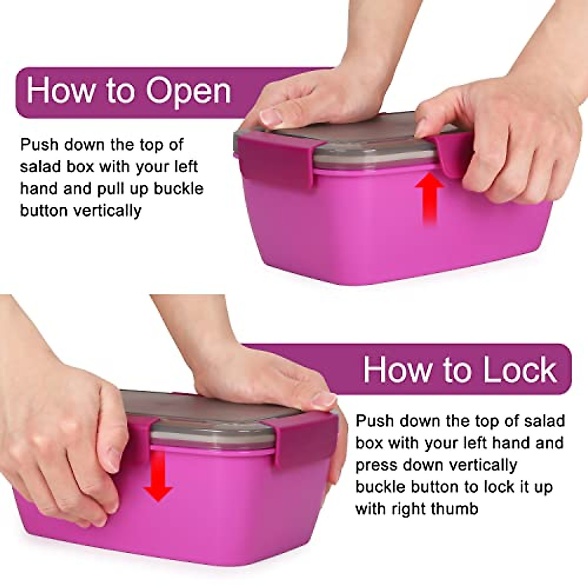 GiFBERA Large Salad Container for Lunch - 68 oz Salad Bowl with 5 Compartments Bento-Style Tray, 2 pieces Salad Dressing Containers To Go, Leak-Proof & BPA-Free (Purple)