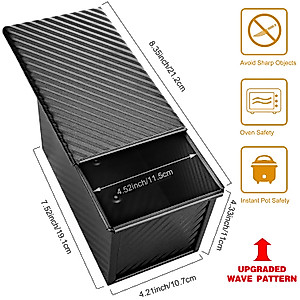 Black Pullman Loaf Pan with Lid, 1 lb Dough Capacity, Nonstick Bread Toast Mold with Cover, Carbon Steel Corrugated Bread Mould Bakeware