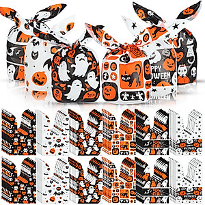 Watersay 300 Pcs Halloween Christmas Treat Bags, 6 Style Small Christmas Halloween Bags Candy Bags Cute Rabbit Ear Halloween Christmas Goodie Cookie Bags for Party Gift(Orange,Pumpkin)