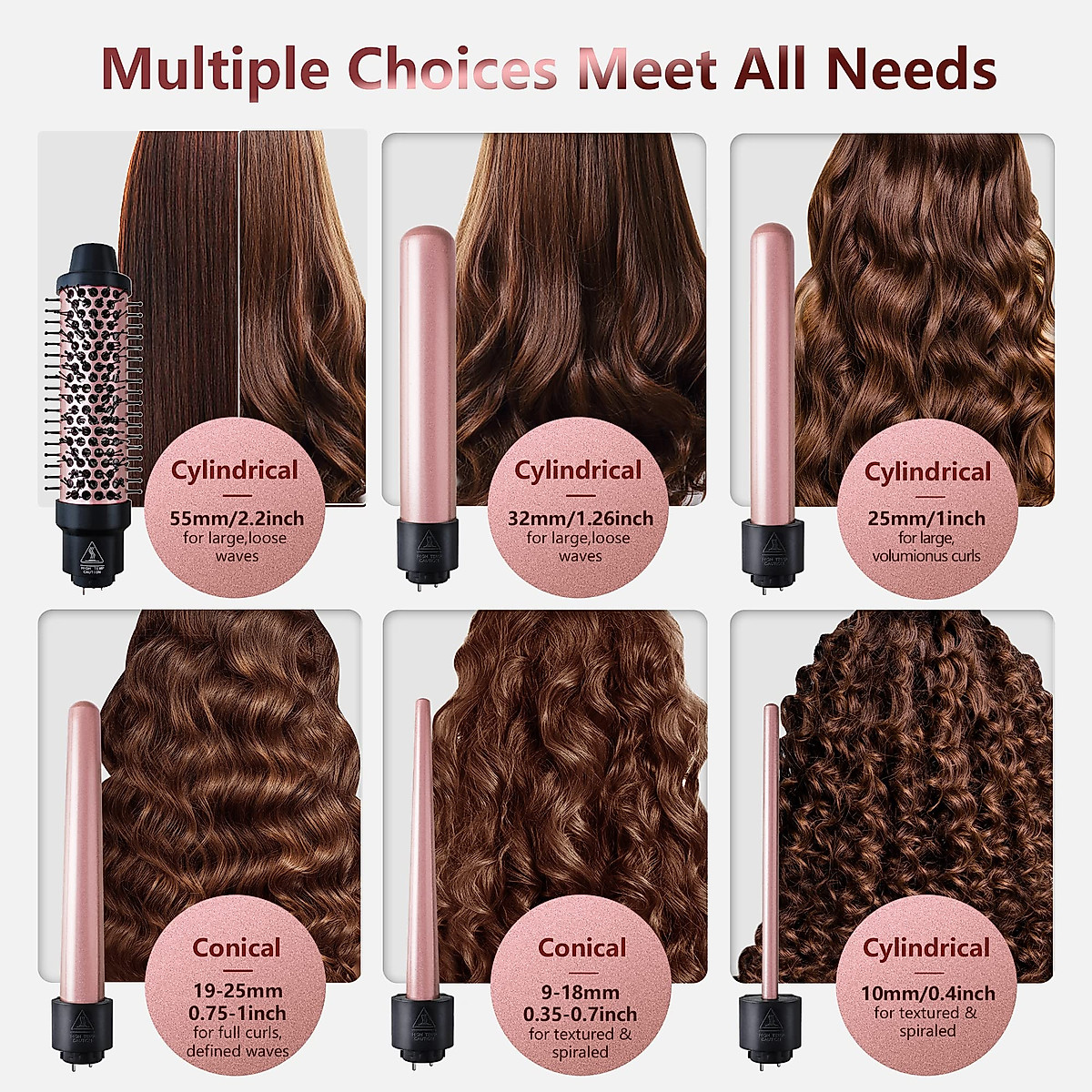 Erokicysh Curling Iron 6 in 1 Hair Curling Wand Set with Curling Brush Instant Heat Up Beach Waver Long Hair Curlers Iron 6 Interchangeable Ceramic Barrel 0.35-1.25 Inch Short Hair Crimper for Women