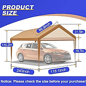 MARVOWARE 10x20 Car Canopy Replacement Carport Tarp Cover with Fabric Pole Skirts Ball Bungees for Tent Top Garage Boat Shelter(Only Tarp Cover) Brown