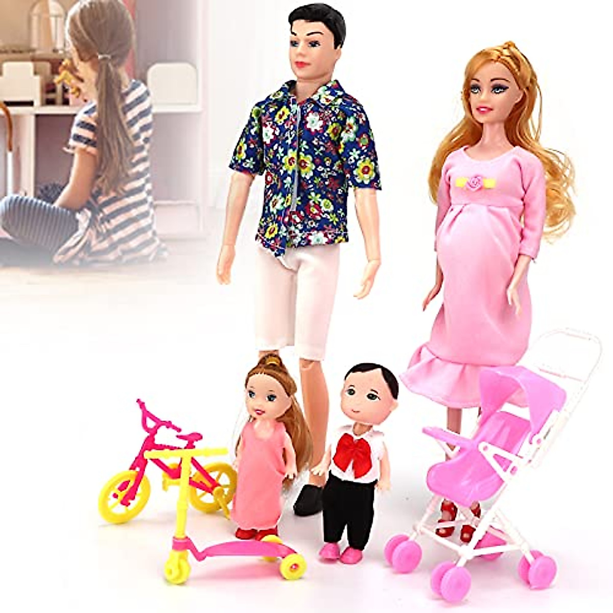 Vakitar Family Dolls Set of Dad Pregnant Mom Girl Boy Children Role Play House Toy Gift,for Home (Printed Blue T+Pregnant Powder)