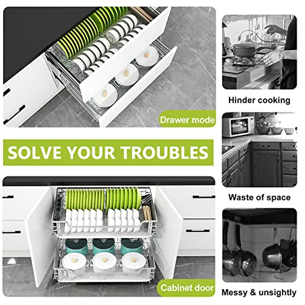 2 Tier Pull Out Cabinet Drawer Organizer Heavy Duty Pull Out Spice Rack 304 Stainless Steel Deepen 47cm Kitchen Slide Out Storage Shelf for Cans, Bakeware for Pantry, Cupboard, Bathroom Cabinet (59W*