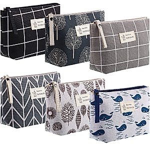 Boao 6 Pieces Canvas Cosmetic Bags Pouches for Purse with Zipper Printed Makeup Bag Multi Function Canvas Travel Pouch Organizer Pouch for Women Vacation Travel, 6 Styles(Grid Style)