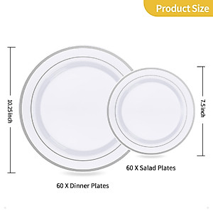Goodluck 120PCS Silver Plastic Plates, Heavy Duty Disposable Silver Plates with 60 10.25 inch Dinner Plates and 60 7.5 inch Dessert Plates, Disposable Plates for Party, Holiday, Wedding