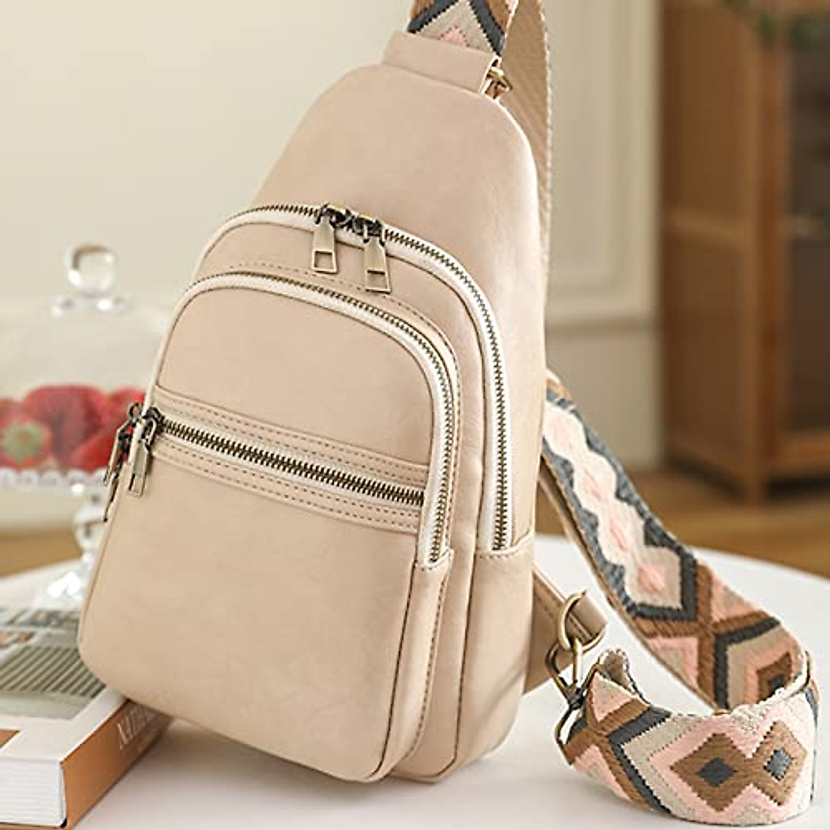 MUNTICO Sling Bag for Women With 5 pcs bag wipe cloth PU Leather Sling Bags Crossbody Fashion Sling Backpack Multipurpose Chest Bag (Beige)
