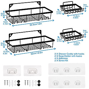 Amouttel 4-Pack Shower Caddy Basket Shelf with Soap Holder,Adhesive No Drilling Wall Mount Shower Shelf for Inside Shower,Black Stainless Steel Bathroom Shower Storage Organizer with Hooks