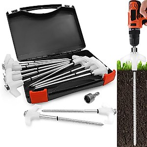 12 Pack Tent Stakes Heavy Duty - 8" Ground Anchors Screw in - Camping Stakes with Grow in The Dark Heads - Metal Threaded Tent Spikes with Hex Head Driver and Storage Box