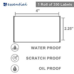 ESSENTIAL 2.25"x 4" White Direct Thermal Barcode Labels, Shipping Labels, Compatible with Zebra & Rollo Label Printer, 350 Labels of Roll (1 Roll)