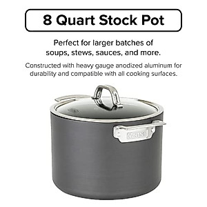 Viking Culinary Hard Anodized Nonstick Stock Pot, 8 Quart, Includes Glass Lid, Dishwasher, Oven Safe, Works on All Cooktops including Induction, Gray