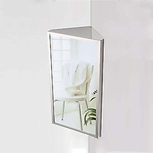 Generic Corner Cabinet with Mirror, Wall Mounted Stainless Steel Bathroom Storage Cabinet with 2 Shelves and Mirror Door, Hanging Triangular Storage for Small Space (Right Door)