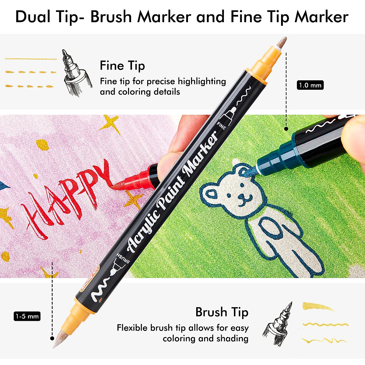 28 Metallic Colors Dual Tip Acrylic Paint Markers, Brush Tip and Fine Tip Acrylic Paint Pens for Rock Painting, Ceramic, Wood, Canvas, Plastic, Glass, Stone, Calligraphy, Card Making, DIY Crafts