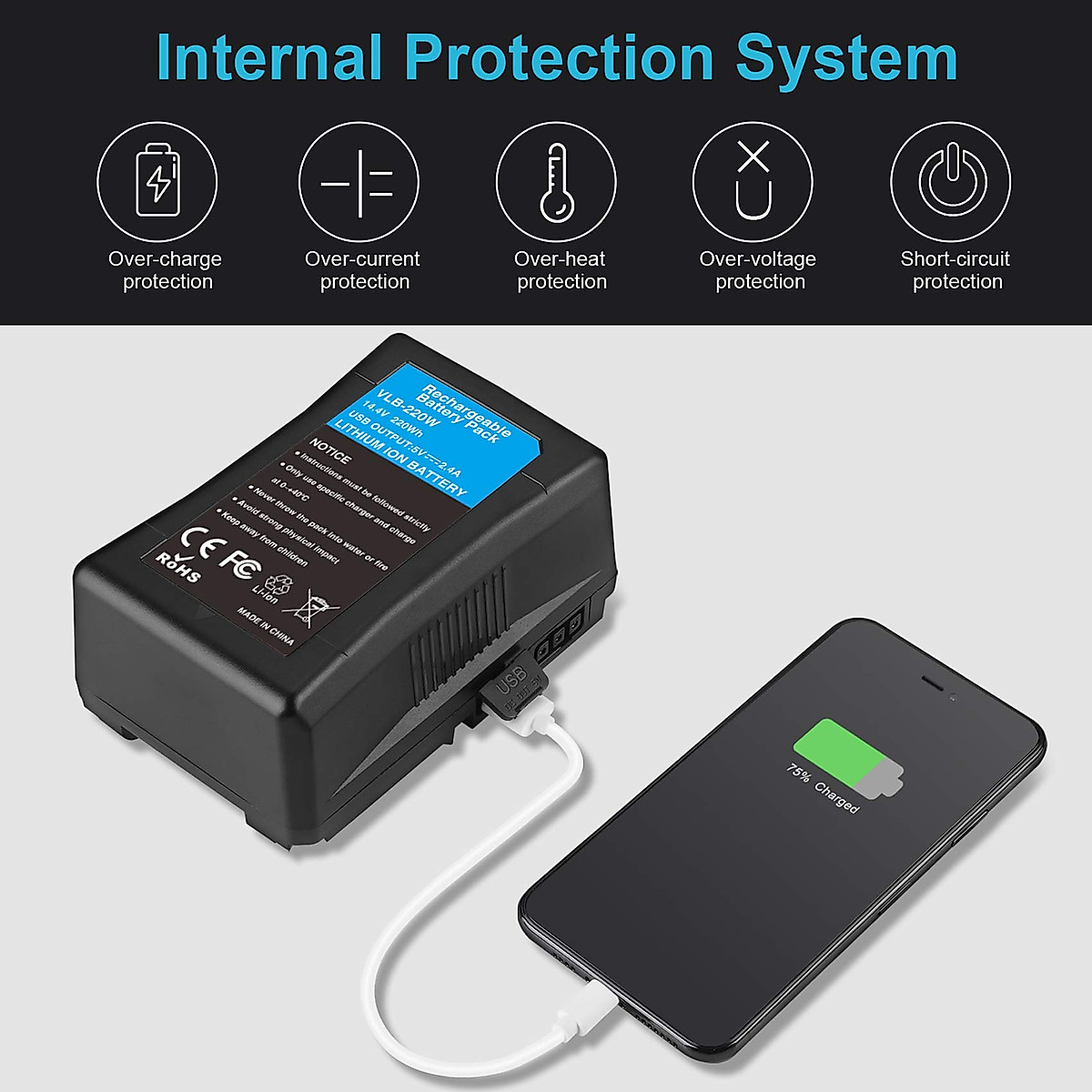 KUNLUN 220Wh 15000mAh V Mount Battery/Dtap Battery with D-TAP DC USB Ports V Lock Battery for Sony Video Cameras Camcorders Broadcast LED Lights Monitors Replacement Brick for DSLR